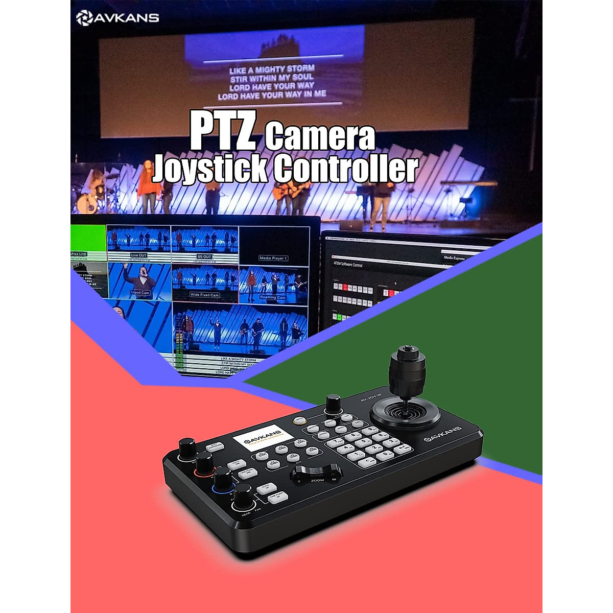 AVKANS Super PTZ Camera Joystick Controller, IP NDI PTZ Camera Controller Keyboard with 4D Joystick for Worship Church Live Streaming, PoE Enable (PTZ Controller with 2 inch Screen)