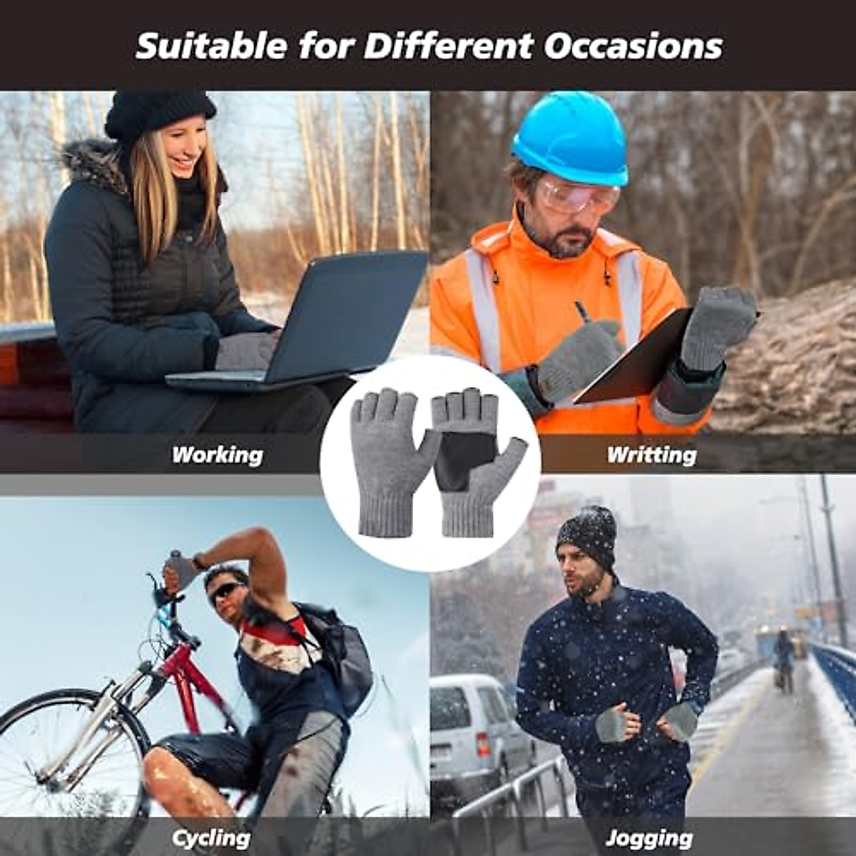 MAYLISACC 2 Pair Half Finger Knit Gloves without Finger Tips Winter, Warm Fingerless Gloves for Typing Stretchy Knit Grey