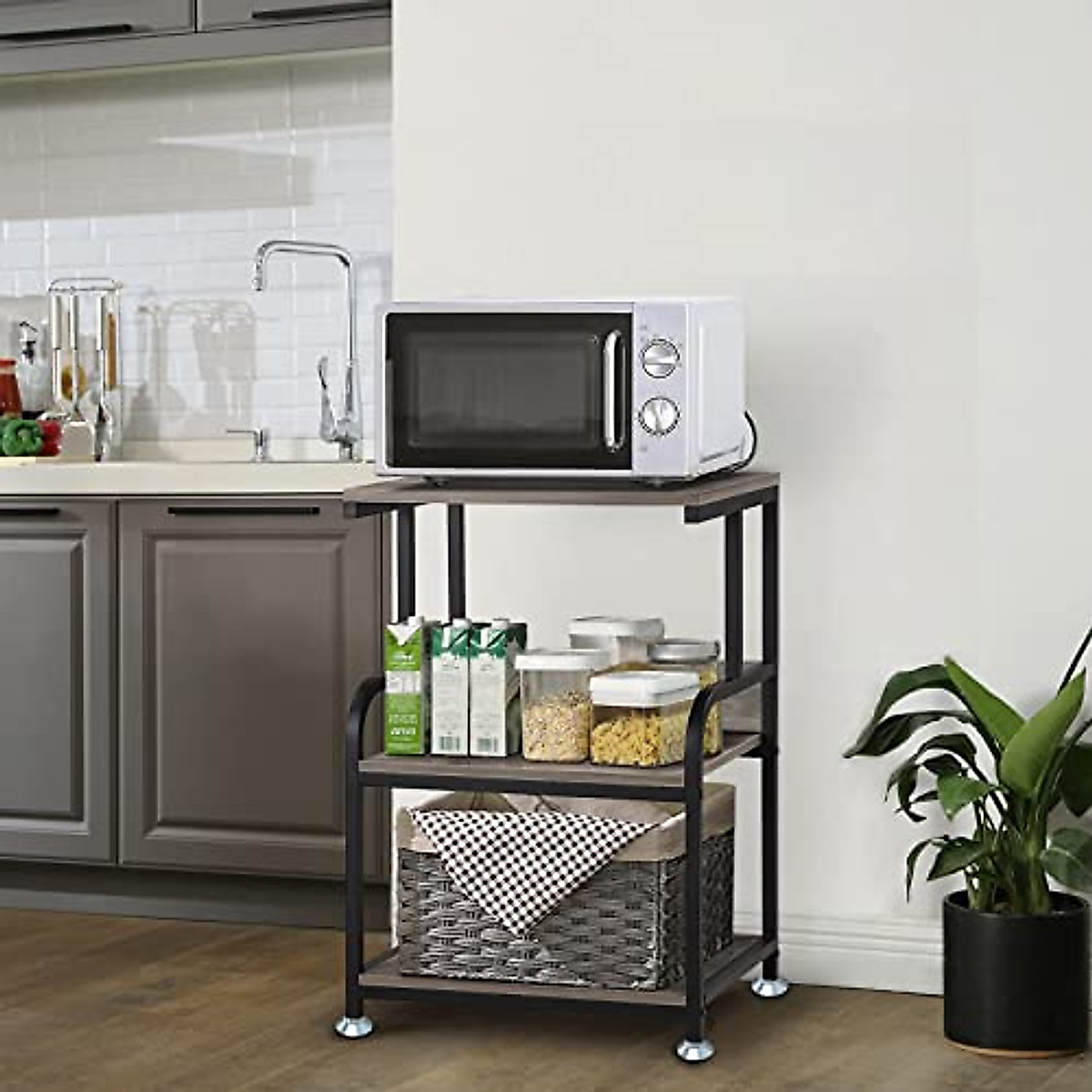 KirKical 3-Tier Mobile Printer Stands on Wheels with Storage Shelves Industrial Style Machine Cart Organizer Table for Office and Home Slate Grey Wood and Black Metal Finished