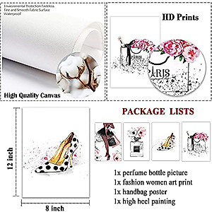 Lodintech Fashion Canvas Wall Art Girls Bedroom Wall Decor Pink Flower Perfume Unframed Art Prints Fashion Posters Living Room Women Office Decorations Makeup Brush High Heels Paintings,8x12'' 4PCS
