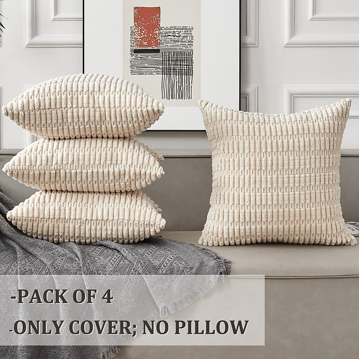 Junfawn Set of 4 Decorative Throw Pillow Covers 18 x 18 for Couch Sofa Bed, Soft Boho Striped Corduroy Cushion Cases for Living Room Decor, Cream White