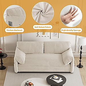ONEMMLION 63.8" Queen Pull Out Couch Sofa Bed, 3 in 1 Convertible Sleeper Sofa with Side Storage, Velvet Loveseat Futon Comfy Cloud Couches for Living Room, Apartment, Small Space, Beige