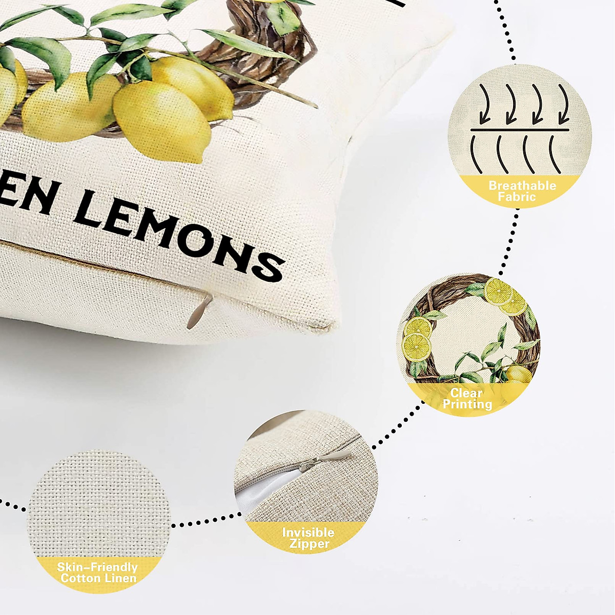 Softxpp Fresh Garden Lemons Wreath Decorative Farmhouse Throw Pillow Cover, Spring Summer Cushion Case Cotton Linen, Seasonal Home Decorations Square Outside Pillowcase Decor Sign for Sofa Couch 18x18