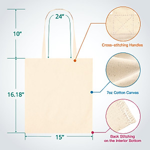 Phicorn Blank Canvas Tote Bags Bulk - 7oz 100% Cotton, 15"x16", Reusable Grocery Bags - Plain Tote Bag for Craft and Painting (2-Pack)