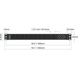 WatchfulEyE WTH-CS/PDU-C13-E (US121052E) Heavy Duty Metal 1U Rack Mount PDU, Inlet C20 20A 120/240V Open end (Without Extension Cord), Outlet C13 x10 Ports