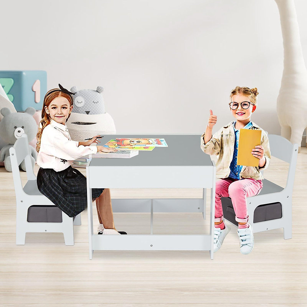 Kinfant Kids Table and Chair Set, Toddler Table and Chairs Set with Double Side Detachable Tabletop for Preschool Playroom Kindergarten (Gray)