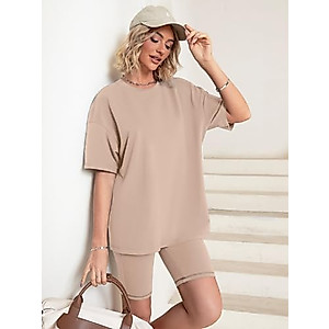 Glamaker Women 2 Piece Outfit sets Casual Oversized T-Shirt Tops Biker Shorts Workout Sport s Tracksuit Khaki Medium