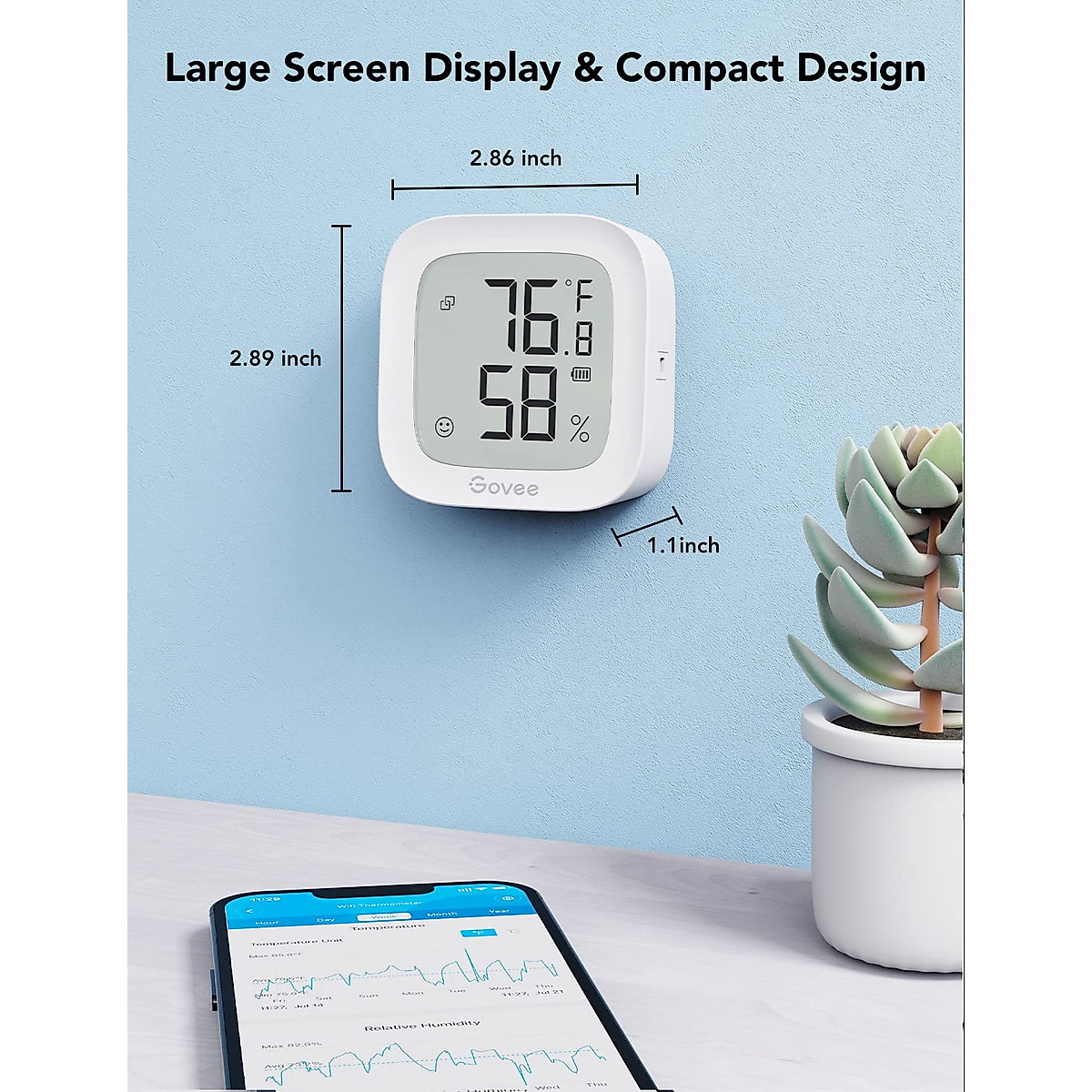 Govee WiFi Thermometer Hygrometer H5103, Indoor Bluetooth Temperature Humidity Sensor with Electronic Ink Display, App Notification Alert, Free Data Storage Export, Digital Remote Monitor for Bedroom