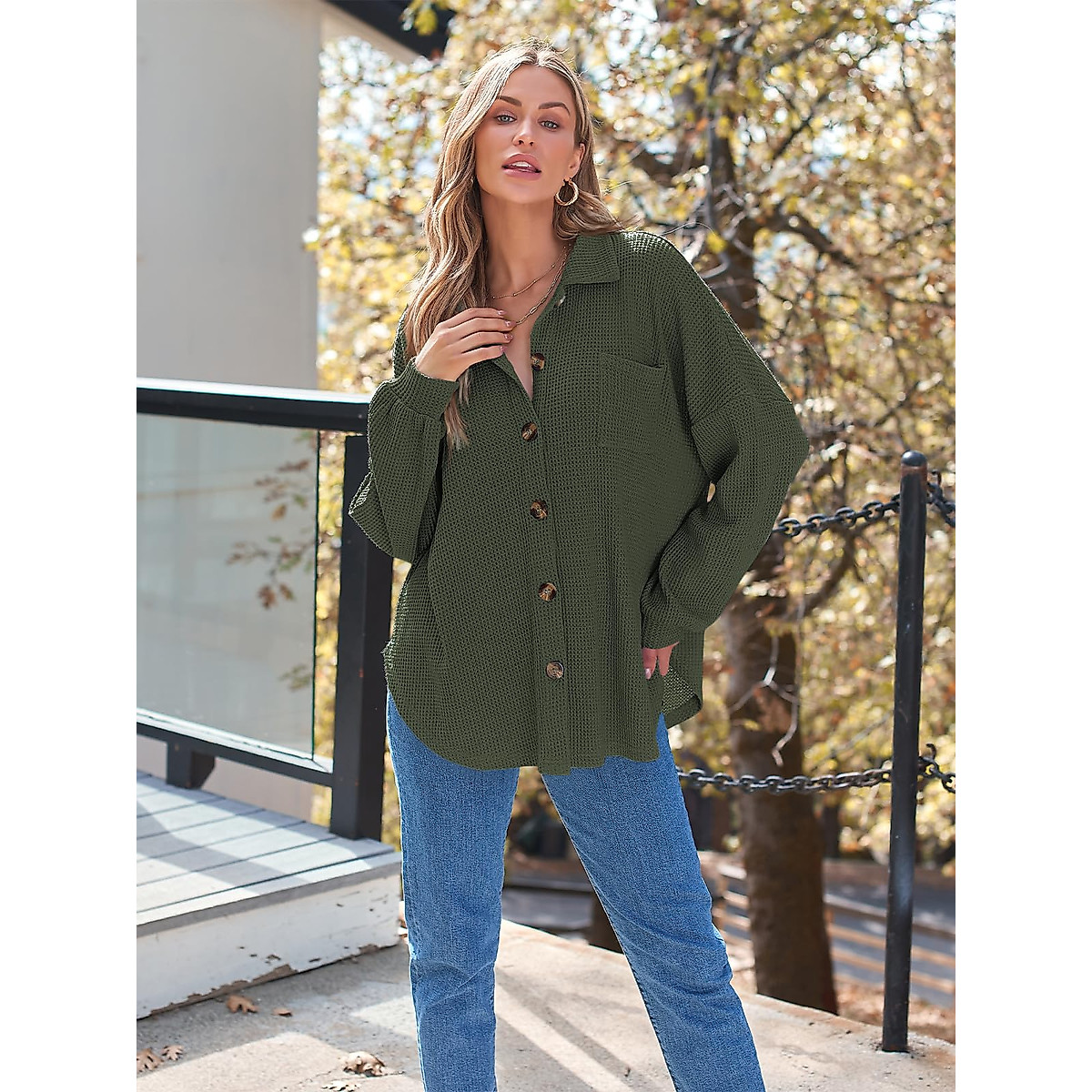AUTOMET Womens Fall Cothes 2025 Fashion Country Concert Outfits Waffle Knit Shackets Corduroy Jackets Button Down Shirts Tops ArmyGreen L