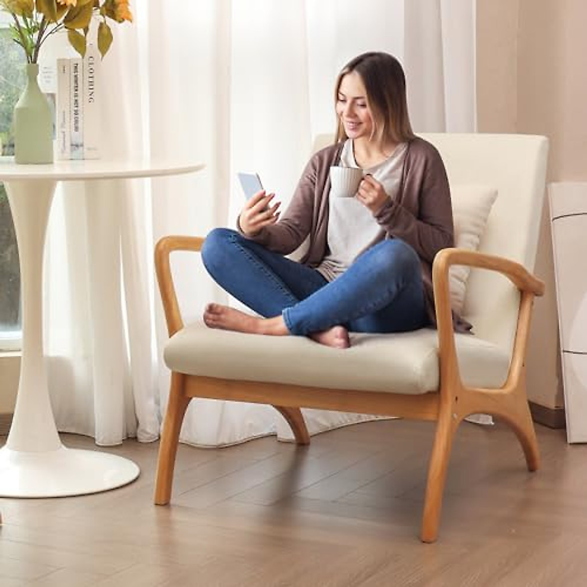 ELUCHANG Accent Chair with Lumbar Pillow,Mid-Century Modern Armchair, Linen Fabric Comfy Reading, Lounge Side Chair for Living Room Bedroom Apartment,Easy Assembly(Beige)