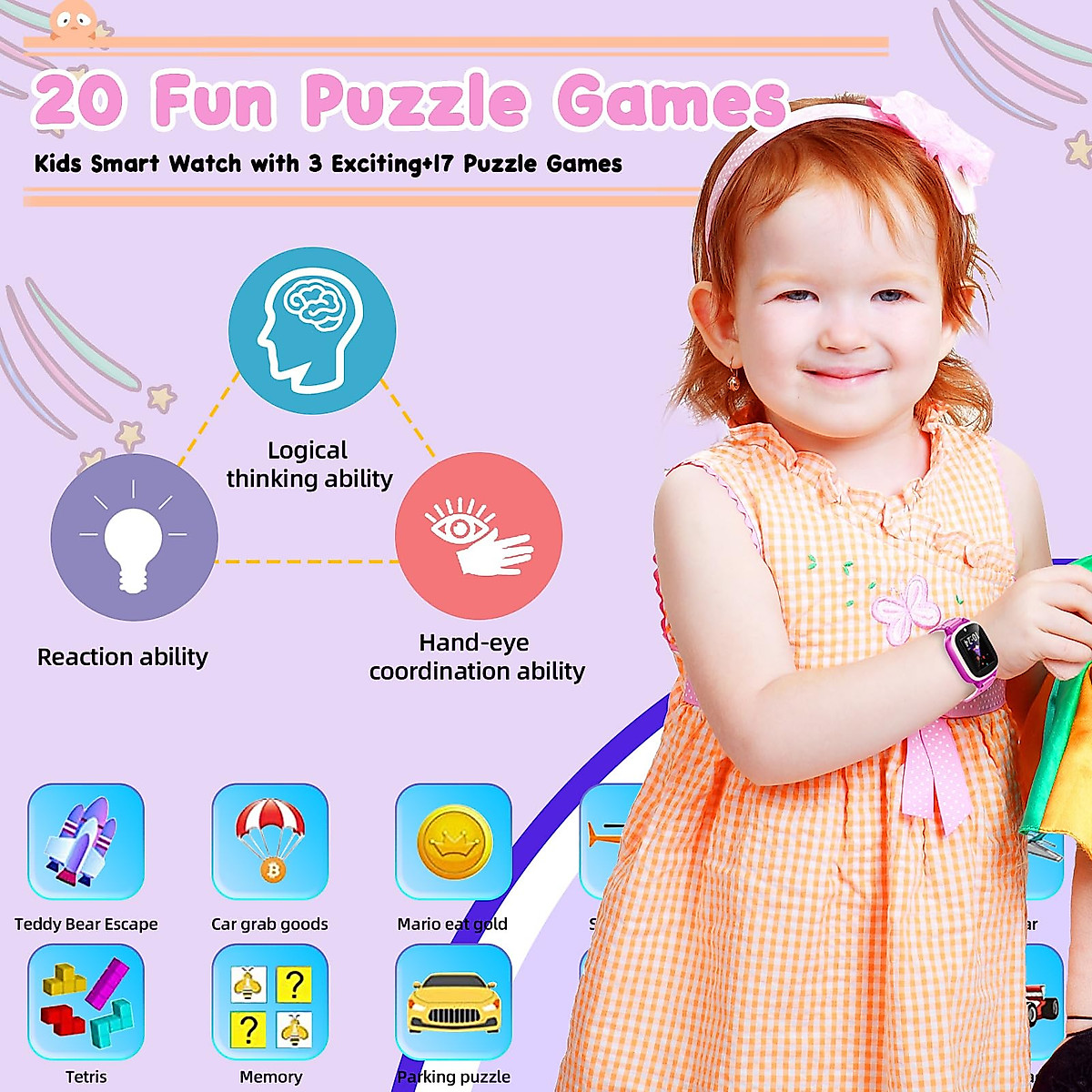 Luoba Kids Smart Watch Girls, Toys for 3-10 Year Old Girls Boys, 1.44 in Touchscreen with 20 Puzzle Games Camera Alarm Video Music Player, Toddler Birthday Gift Pink