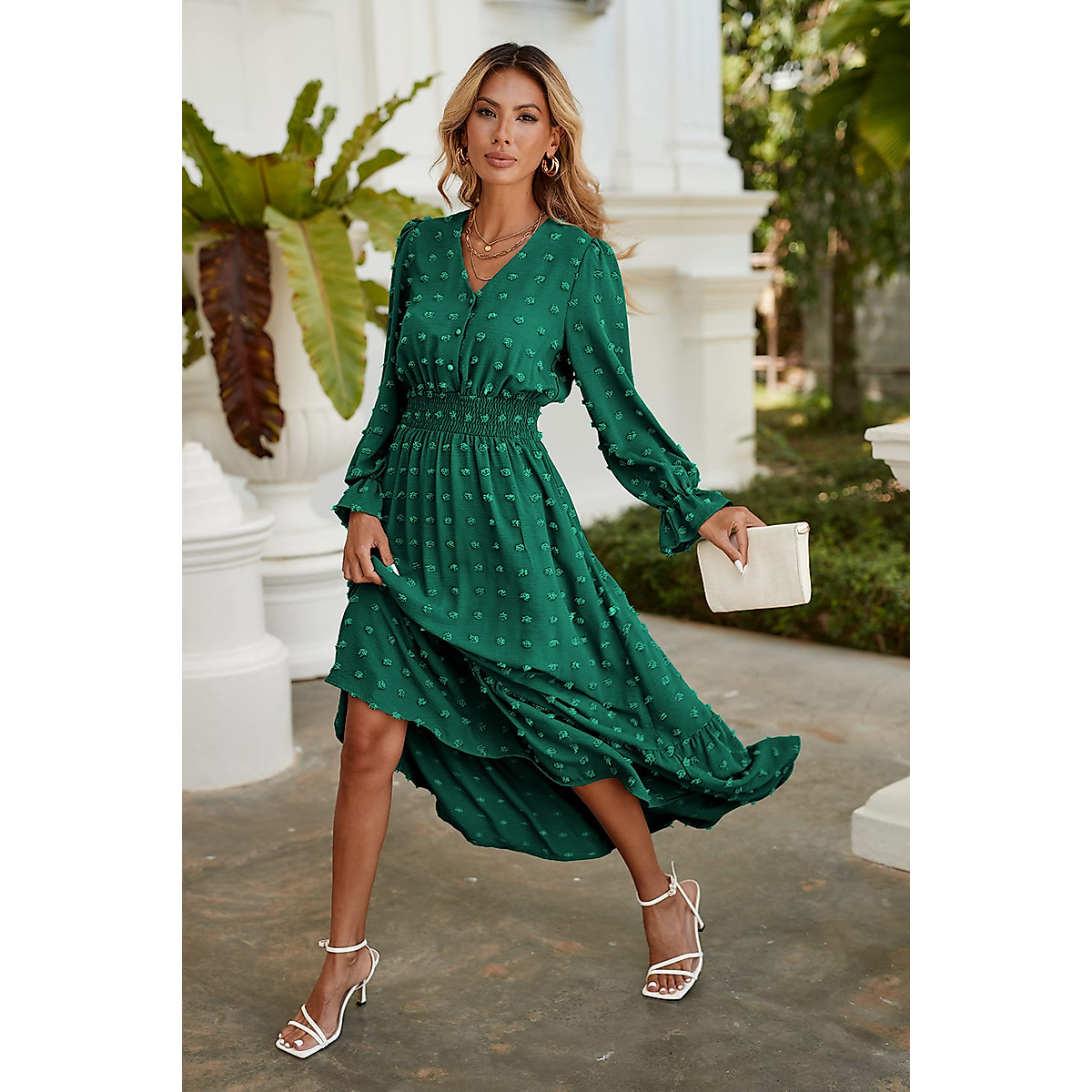 MASCOMODA Women Boho Maxi Dress 2024 Long Sleeve V Neck Swiss Dot Smocked High Waisted A-Line Ruffle Tiered Long Dress(X-Large, Dark Green)