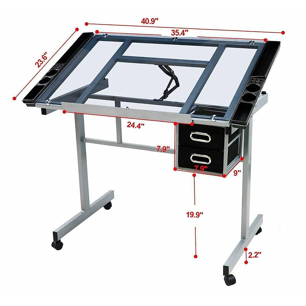 ZERVA Drafting Craft Desk Art Glass Desk with Storage Drawers | Durable Sturdy Ergonomic Heavy Duty Comfortable Adjustable Lightweight | for Home Office, School, Home, with 4 Casters