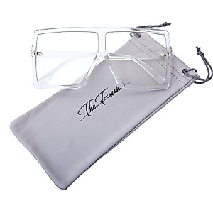 The Fresh Large Oversized Fashion Square Flat Top Sunglasses with Gift Box (4-Shiny Crystal, Clear/AR Coating)