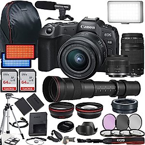 Canon EOS R8 Mirrorless Camera w/RF 24-50mm f/4.5-6.3 is STM Lens + EF 75-300mm f/4-5.6 III Lens + 420-800mm f/8.3 HD Lens + 2X 64GB Memory + Case + Microphone + LED Video Light + More (35pc Bundle)