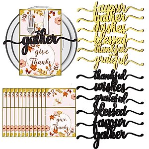 24 Set Thanksgiving Wood Cutout Sign 12 Blessed Grateful Gather Wood Signs Thanksgiving Place Cards Rustic Dining Table Setting Decor with 12 Cutlery Napkins Holder for Thanksgiving Turkey Utensil