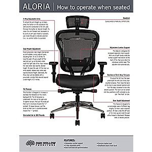 Oak Hollow Furniture Aloria Series Office Chair Ergonomic Executive Computer Chair Genuine Leather Seat Cushion, Mesh Back Adjustable Lumbar Support Swivel Tilt High-Back (Black, Tall, Headrest)