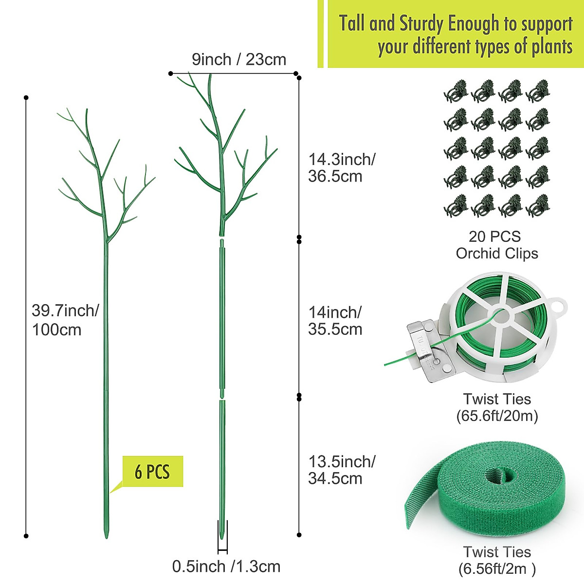6 Pack Plant Support Stakes for Indoor Plants, 39.37 Inch Twig Plant Sticks with Orchid Clips Twist Ties and Plant Ties for House Potted Monstera Plants, Plastic Branches Support Structures, Green