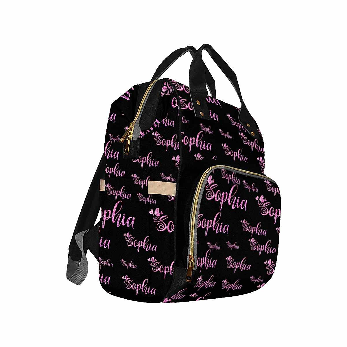 Personalized Diaper Backpack with Name, Pink Sparkle Name Logo Text Black Custom Diaper Bag Baby Nappy Bag Shoulder Bag Casual Daypack Bag for Mom Dad Multifunctional Travel