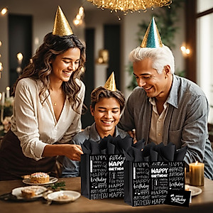 MOORIIY White and Black Birthday Gift Bag for Men Women Large Happy Birthday Wrapping Gift Bag with Tissue Paper and Greeting Card for Birthday Party Supplies 11.8" x 9.4" x 5.3" (Style B -Black)