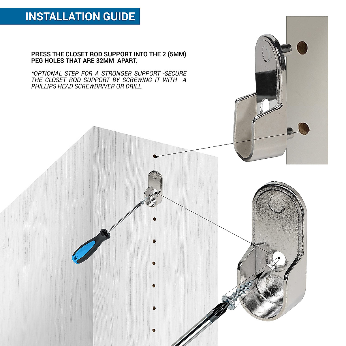 Rok Hardware Chrome 1-3/16" (30 mm) x 19/32" (15mm) Oval Closet Rod End Support with 3/16" (5mm) Pins 30X15X5MMCH (2 Pack)