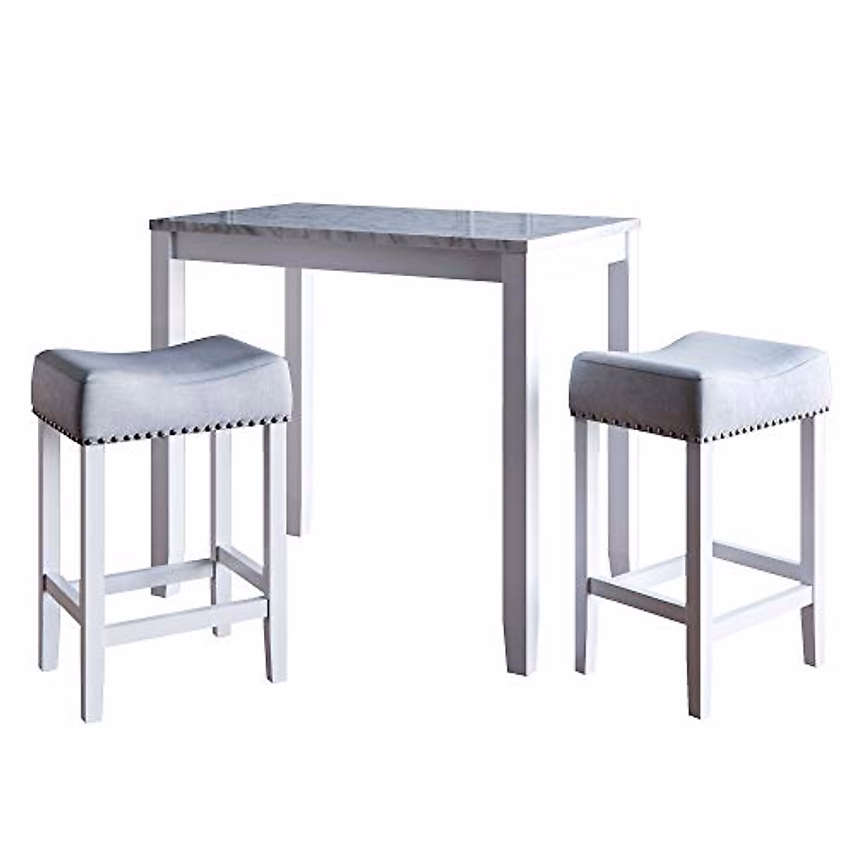 Nathan James Viktor 3 Piece Dining Set, Heigh Kitchen Counter Pub or Breakfast Table with Marble Top and Fabric Wood Base Seat, Light Gray/White