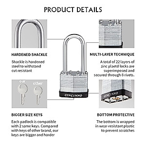 CINCINNO Laminated Steel Padlock with Key，6 Pack Keyed Alike Padlocks with Long Shackle
