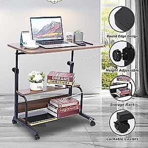 Portable Desk Small Desks for Small Spaces Laptop Table Brown Rolling Adjustable Desk on Wheels Mobile Couch Desk for Bedroom Home Office Computer Standing Desk Student Desk with Storage 32x16 Inch