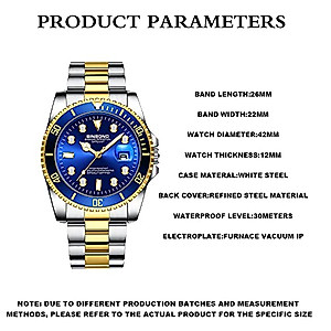 Tiong Watches Mens Fashion Business Stainless Steel Auto Date Waterproof Analog Quartz Watch Silver Emerald Green Watch Wristwatches for Men (Silver Blue)