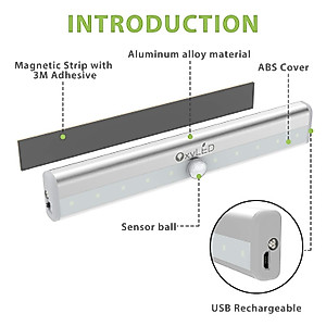 OxyLED Under Cabinet Lights, 10 LED Rechargeable Motion Sensor Closet Lights Indoor, 3 Pack Wireless Magnetic Stick-on Cordless Night Light Bar, Under Counter Lights for Kitchen, Stairs, Hallway