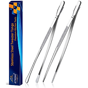 JETKONG 2 Pcs 12-Inch Kitchen Tweezers Fine Tweezer Tongs, Extra-Long Stainless Steel Cooking Tweezers (Silver)