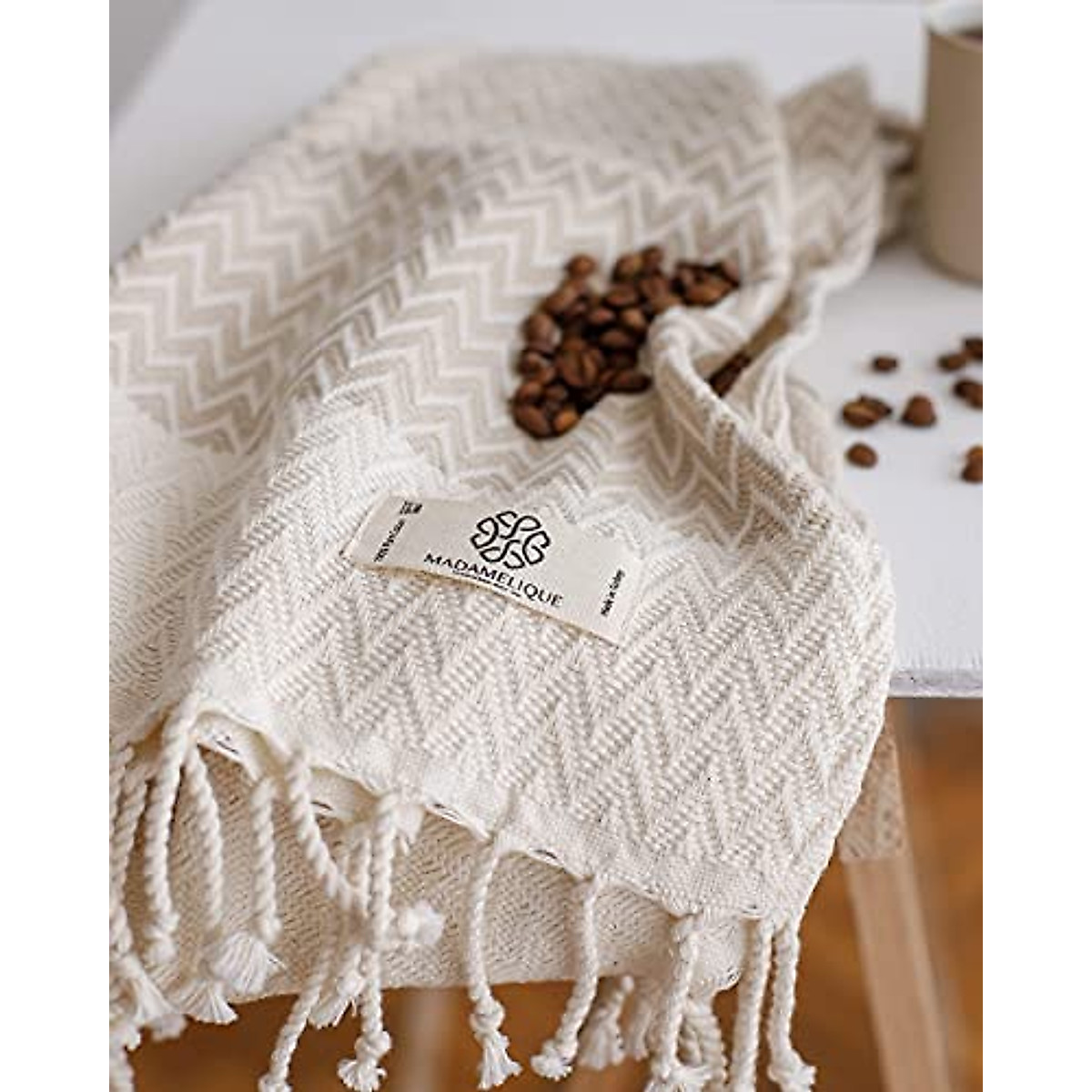 Madamelique Exclusive Hand Towels Set of 2-18 x 40 Inches - Decorative Bathroom Peshtemal Towel for Hand, Face, Hair, Yoga, Tea, Dishcloth, Kitchen and Bath - 100% Pure Cotton (Beige)