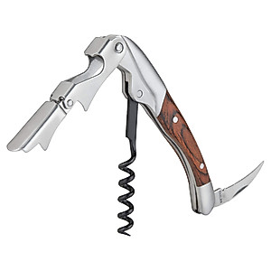 True Wood Handle Double Hinged Waiter’s Corkscrew, Stainless Steel Wine Key with Foil Cutter