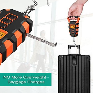 ORIA Digital Fishing Scale with Ruler, Fishing Postal Hanging Hook Scale, 110lb/50kg Waterproof Luggage Scale with Measuring Tape, Luggage Hook, Backlit LCD Display, Orange