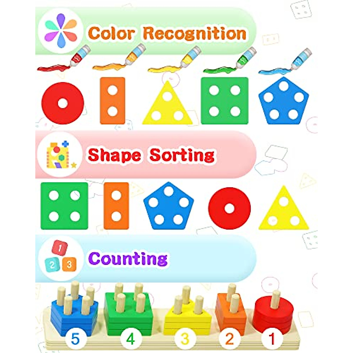 Yetonamr Montessori Toys for 1 2 3 Years Old Boys Girls, Wooden Sorting & Stacking Toys for Toddlers and Kids Baby, Color Recognition Shape Sorter Gift Educational Learning Toy Puzzles Ages 1-3