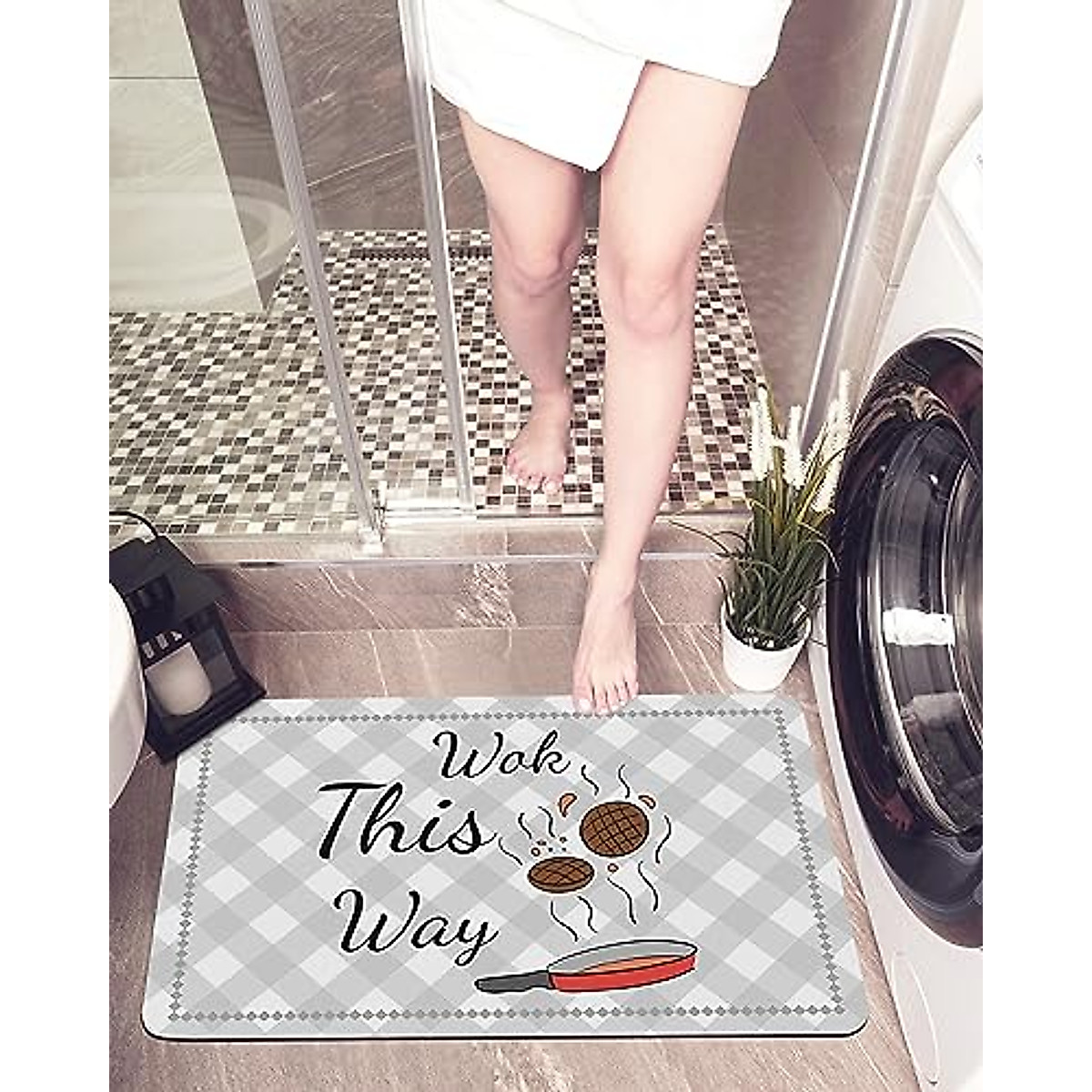 Gogobebe Super Absorbent Diatom Mud Mat Wok This Way Kitchen Sign Gray Checked Quick-Drying Thin Bath Mat Non-Slip Bathtub Mat Anti-Skid Rubber Bathroom Shower Mat 16x24in