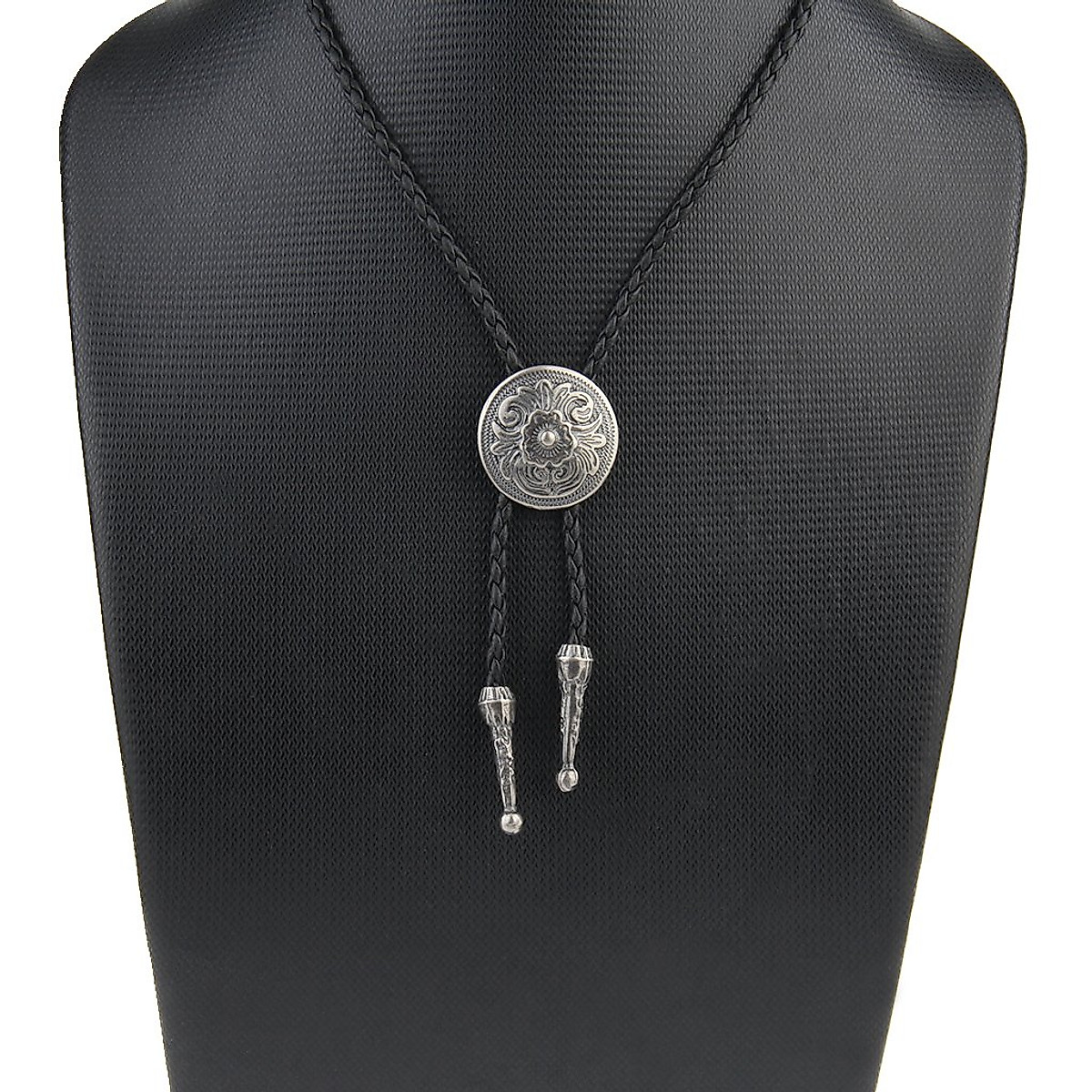 GelConnie Bolo Tie for Men Women Western Cowboy Necklace Mens Bolo Tie Silver Flower Rodeo Leather Necktie Bolo Necklace