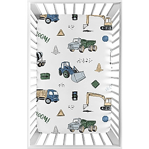 Sweet Jojo Designs Construction Truck Boy Fitted Mini Crib Sheet Baby Nursery for Portable Crib or Pack and Play - Grey Yellow Black Blue and Green Transportation