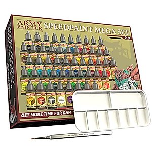 The Army Painter Speedpaint Mega Set 2.0+ - 50x18ml Speedpaint Set with 42 Colors, 3 Metallics, Medium, Mixing Balls, Brush, Guide