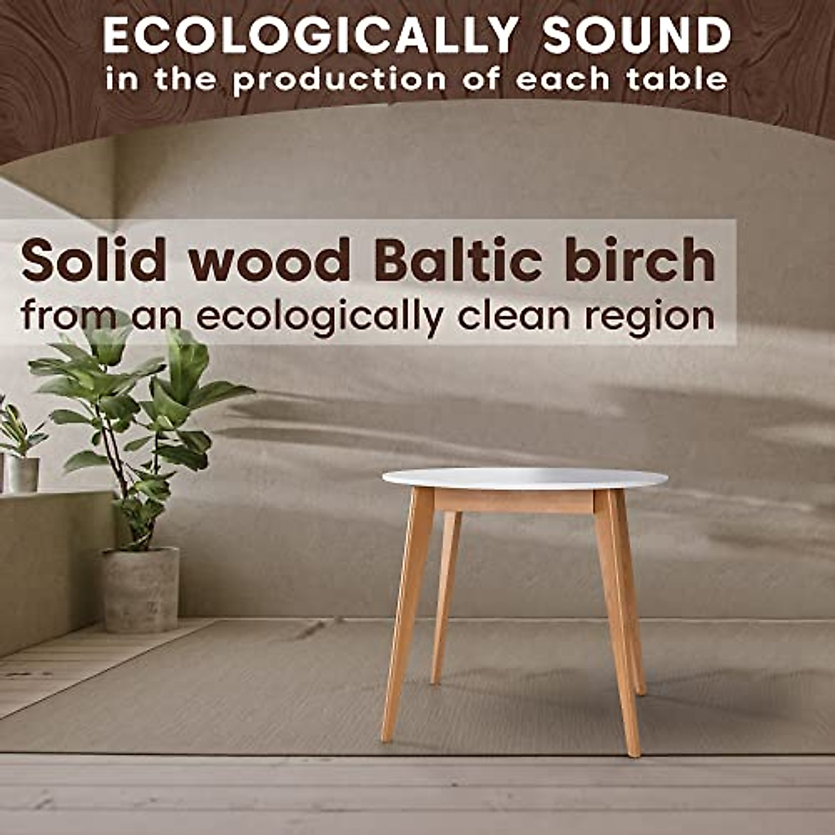 DAIVA CASA Orion Round Table for 3 Person - Birch Solid Wood Kitchen & Dining Room Furniture - Mid Century Modern Scandinavian Style – White Brown Table 35 inch