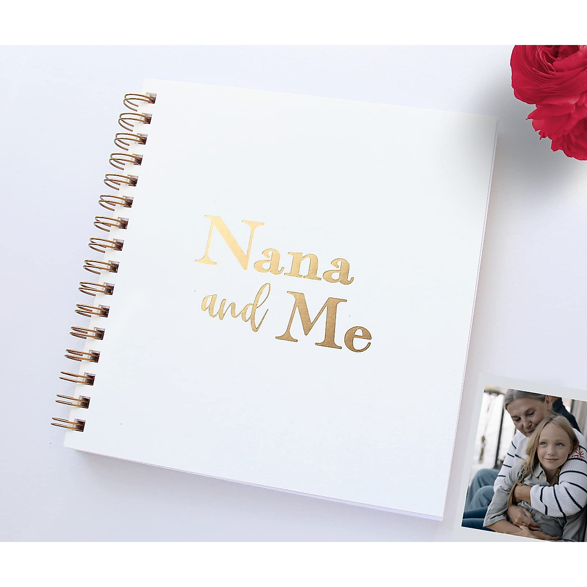 Nana And Me Memory Book, Grandmother's Memory Book Real Rose Gold Foil, 9.25" x 7.5" Spiral Scrapbook. 120 blank pgs, Baby Journal For Grandma, Letters From Nana Memory Book (WH/rg)