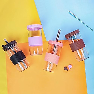 Zrlljp Reusable Boba Cup Bubble Tea Cup 4 Pack, 24oz Smoothie Cups with Lids and Silicone Sleeve & Angled Wide Straws, Wide Mouth Mason Glasses Travel Tumbler for Large Pearl