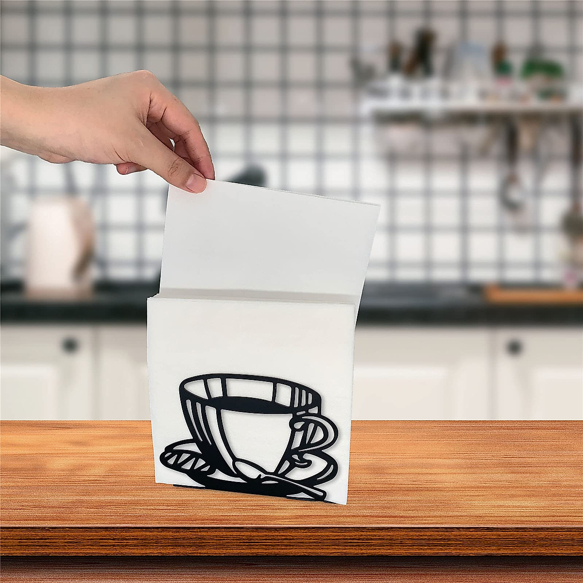 MAINFOR 2 Pcs Napkin Holders for Table, Black Farmhouse Kitchen Cocktail Dining Paper Napkin Holder, Stainless Steel Napkin Dispenser Holder (Coffee Cup Theme)