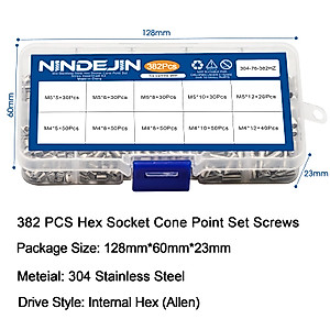 NINDEJIN Allen Set Screws with Wrench Kit, 304 Stainless Steel Hex Grub Screws, Metric M4/ M5 Cone Point Set Screws Bolts Assortment Set for Door Handles Bathroom Fixtures (5 mm/6 mm/8 mm/10 mm/12 mm)