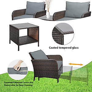 LEVELEVE Balcony Furniture 5 Piece Patio Conversation Set, PE Wicker Rattan Outdoor Lounge Chairs with Soft Cushions 2 Ottoman&Glass Table for Porch, Lawn-Brown Wicker