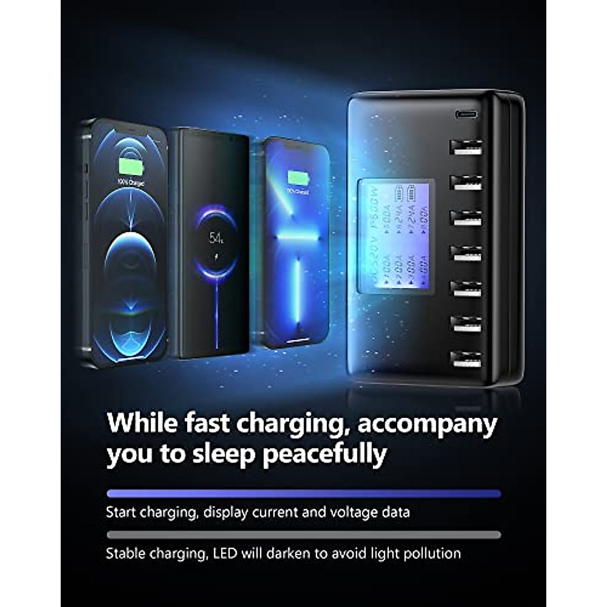 USB Charging Station, Ziwodiv 8-Ports USB Charger Station, 60W/12A Multi Port USB C Hub Charger with LCD Display for Multiple Devices, Compact Desktop Charging for iPhone iPad Samsung Android Tablet