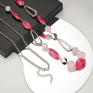 Noessla Beaded Long Necklace Silver Sweater Chain Women Beads Necklaces Fashion Jewelry Party Birthday Gifts(07-Hot pink)