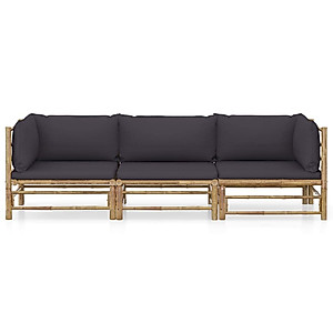 vidaXL Bamboo Patio Lounge Set - 3 Piece Modular Outdoor Seating with Removable, Washable Dark Gray Cushions – Stylish, Durable Scandinavian Style Garden Furniture for Relaxation