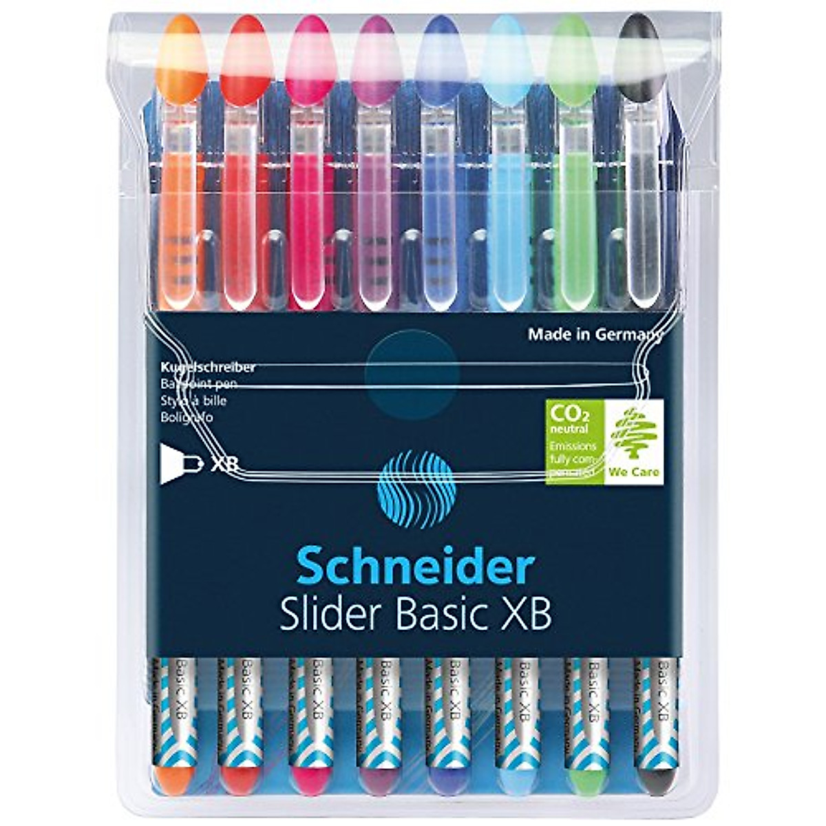 Schneider Slider Basic XB (Extra Broad) Ballpoint Pen, 1.4 mm, Transparent Barrel, Assorted Ink Colors, Pack of 8 Pens (151298)