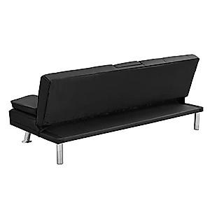 MOEO Convertible Folding Faux Leather Futon Sofa Bed, Modern Lounge Couch with 2 Cup Holders Removable Soft Armrests and Sturdy Metal Legs for Home, Living Room, Black